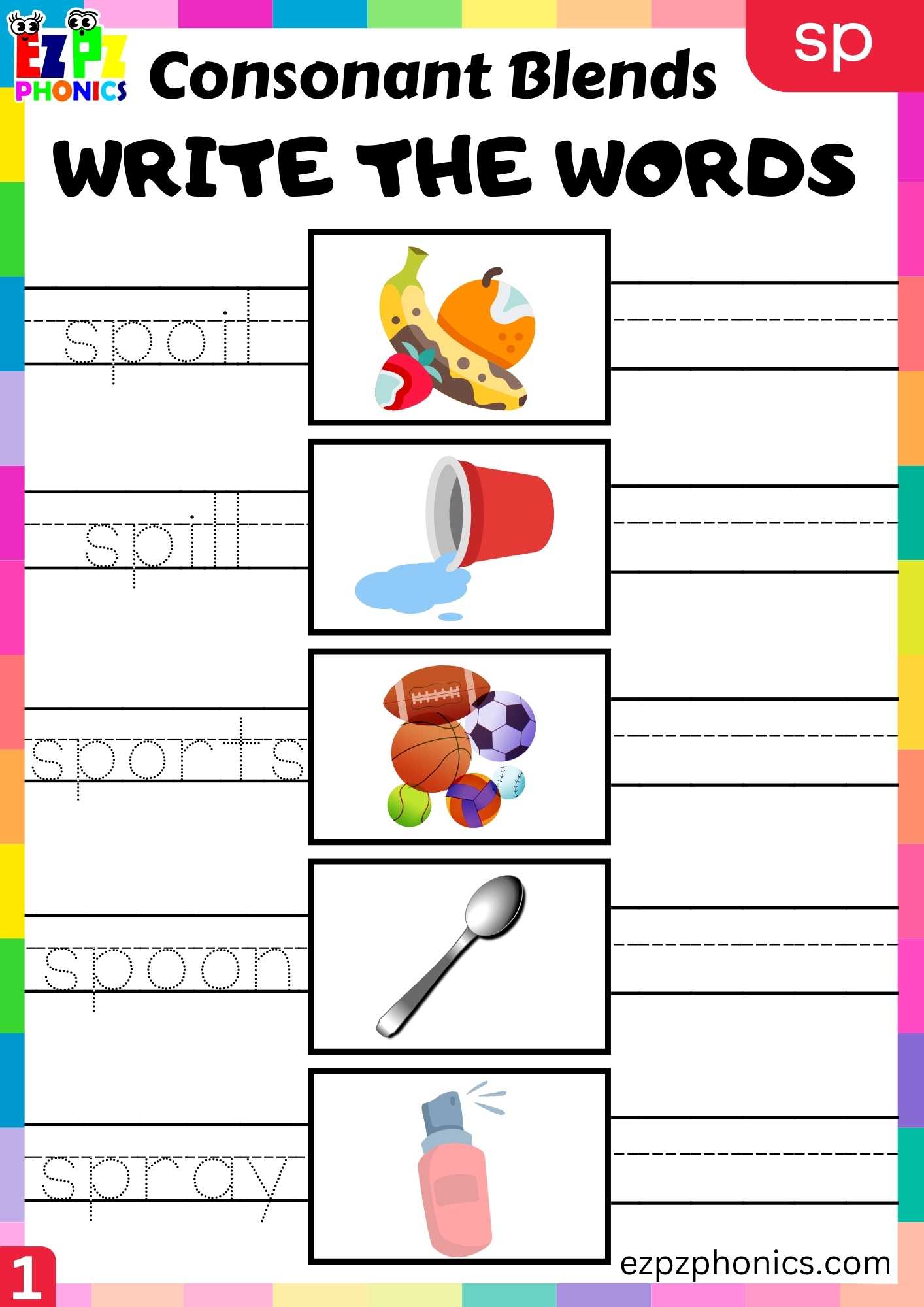 Group1 SP Words Write The Words Phonics Consonant Blends Worksheet - ezpzphonics.com